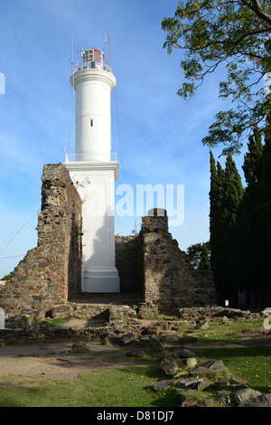 Cobbled street and lighthouse in the colonial Barrio Historico ...