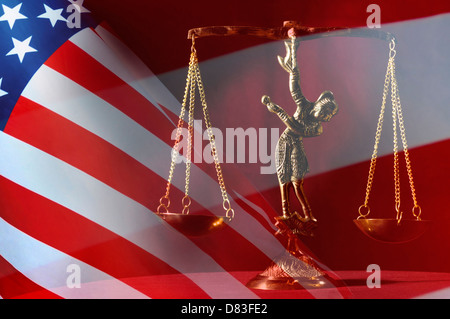 American flag over balanced scales of justice Atristic conceptual ...