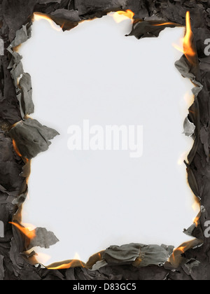 Burning paper ashes revealing blank white background making a frame ...