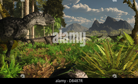 An Allosaurus Stalking A Herd Of Diplodocus Stock Photo - Alamy