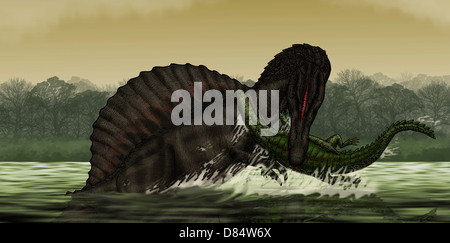 Spinosaurus hunting for fish in a lake. The largest known predator at ...