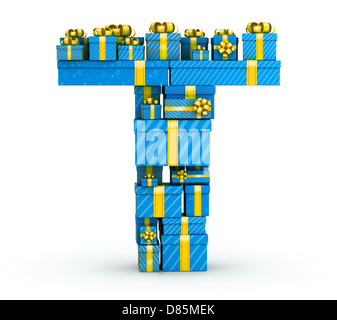 Letter R from blue gift boxes decorated with yellow ribbons Stock Photo ...