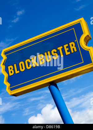 Blockbuster sign ahowing blue and yellow logo outside DVD Blu Ray and ...