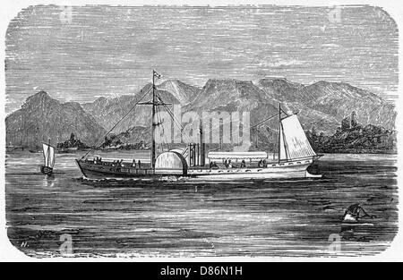 The 'Clermont', Robert Fulton's first steamboat, sailing on the Hudson ...