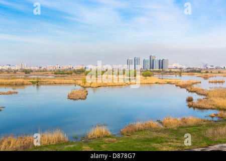 Cityscape with south-eastern Bucharest suburbs with tall residential ...