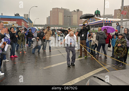 92 year old strongman Michael Greenstein, The Mighty Atom, pulls a car ...