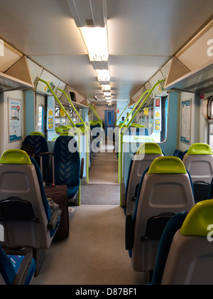 Seating inside an empty Northern railway carriage interior, England, UK ...