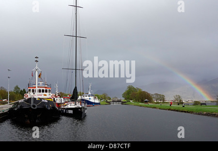 Corpach Basin on the Caledonian Canal with famous Scottish mountains ...