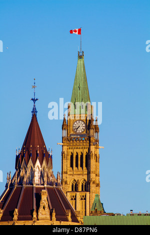The Peace Tower on Parliament Hill in Ottawa is seen past a temporary ...