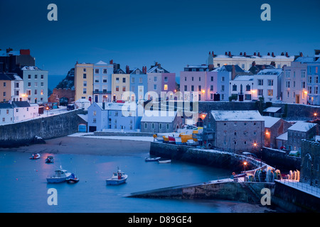 Winter snow at Tenby Harbour Tenby Pembrokeshire Wales at twilight ...