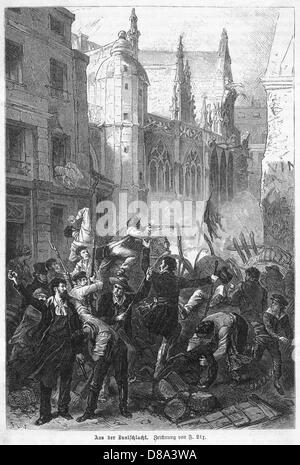 Barricades in Paris, France, 1848. Following the outlawing of political ...