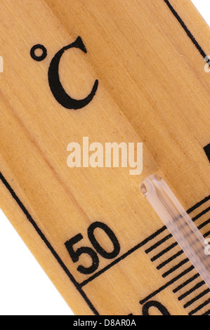 Oblique close up of an old fashioned Mercury blue room thermometer in ...