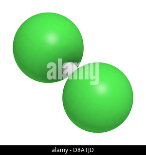 Elemental chlorine (Cl2), molecular model. Atoms are represented as ...