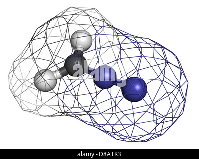 Diazomethane (CH2N2) explosive chemical, molecular model. Atoms are ...