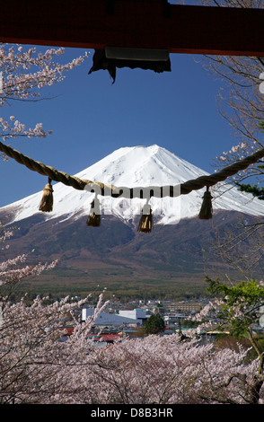 Snowy Mount Fuji view through Torii Shinto Shrine Gate at Fuji-Sengen ...