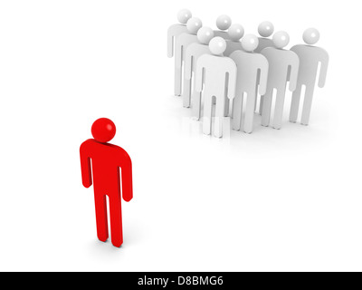 Group of schematic people with red leader character on white background ...