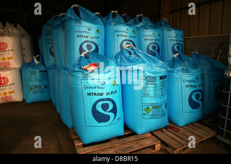 Bags of Nitram ammonium nitrate fertiliser stored on a UK farm Stock ...