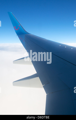 Wing tip of Boeing 737-800 airliner plane at sunset over Atlantic Ocean ...