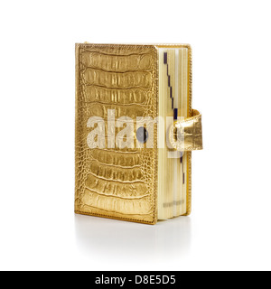 Luxury gold leather notebook on white background Stock Photo - Alamy