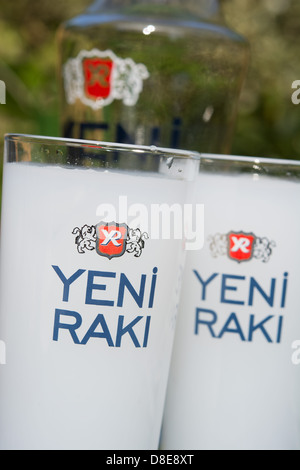 Glasses of Turkish raki (a popular aniseed-flavoured spirit, known ...