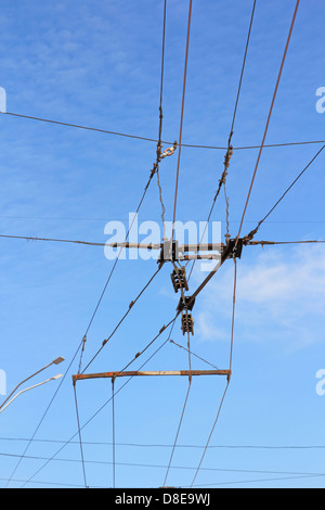 Detail of electric railway overhead catenary system, England, UK Stock ...