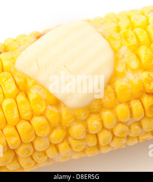 Corn on the cob with melted butter dripping, on a fork, against a green ...