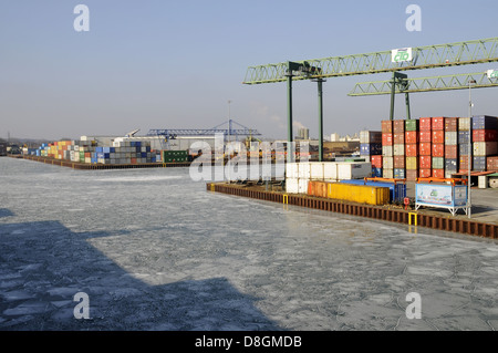 Frozen port, Dortmund, North Rhine-Westphalia, Germany, container ...