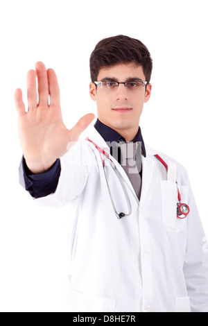 Young medic making stop sign - selective focus on hand Stock Photo - Alamy