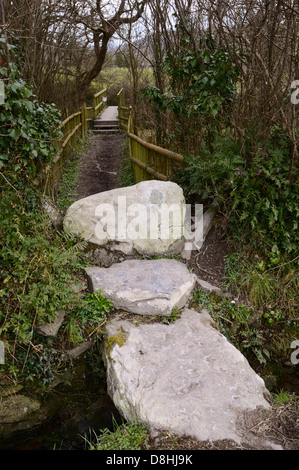 Large natural stone slabs forming a small bridge, steps and stile on a ...