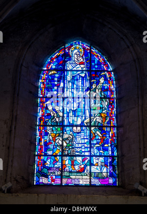 Paratroop stained glass window memorial in the church at St Mere Eglise ...