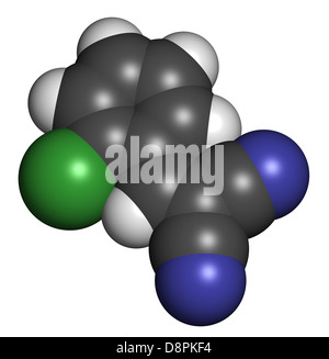 CS tear gas molecule (2-chlorobenzalmalononitrile). Atoms are ...