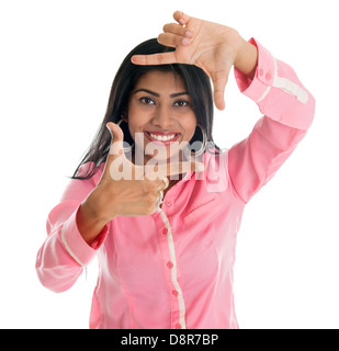 Finger frame. Smiling Indian woman making a frame with fingers, Asian ...