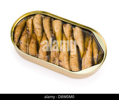 open canned food with sprats, small sea fish in oil Stock Photo - Alamy
