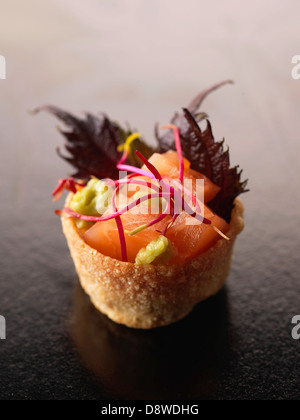 Salmon, shiso and beetroot sprout appetizer Stock Photo - Alamy