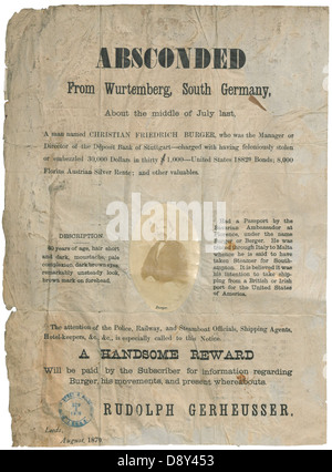 A vintage Wanted poster from the 19th century, offering a $1,000 reward ...
