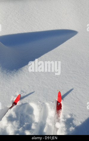 Tips of red snow skis at ski resort with mountain in the background ...