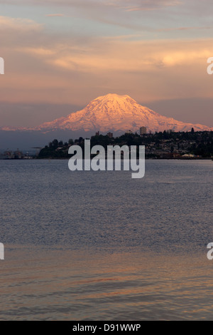 Mount Rainier looms over the city and port of Tacoma, from the Puget ...