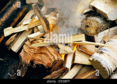 Close-up of pieces of wood burning in an iron stove to cook for ...