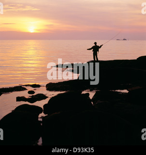 Rear view of man fishing in lake Stock Photo - Alamy