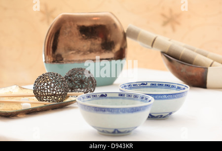 Place settings at Chinese restaurant dinner table, Wuzhong, Ningxia ...