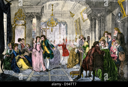 Colonial couples at a ballroom dance 1700s. Hand-colored woodcut Stock ...