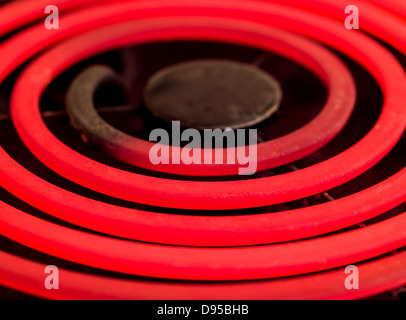 Glowing red, hot, electric range cooktop burner heating element coil ...