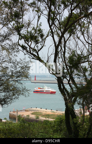 A ferry arrives at Shuitou Harbor from Xiamen China, Kinmen County ...