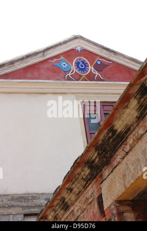 The Pan-Blue flag and ROC flag on a house. Kinmen National Park ...