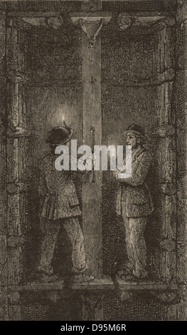 Man-engine or movable ladder adopted in Cornish mines. The movable ...