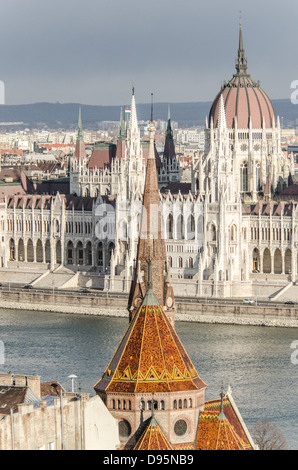 View of Pest from Buda, in the middle the Chain Bridge over the Danube ...
