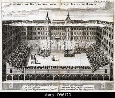 Trial by the Spanish Inquisition in progress in Madrid. Copperplate ...