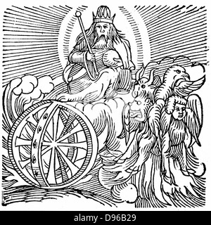 Ezekiel's vision of chariot in sky and a hand in the clouds holding out ...