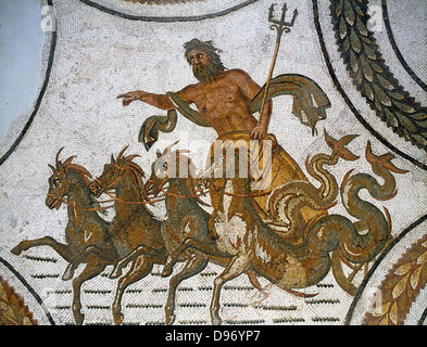 Poseidon Neptune trident in mosaic on the floor of the baths complex ...