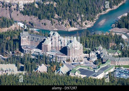 Aerial view of Banff town and Banff Springs Hotel with Bow river, Banff ...